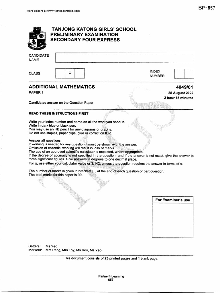 Sec4 2022 AMaths Prelims Tanjongkatong Q A | PDF