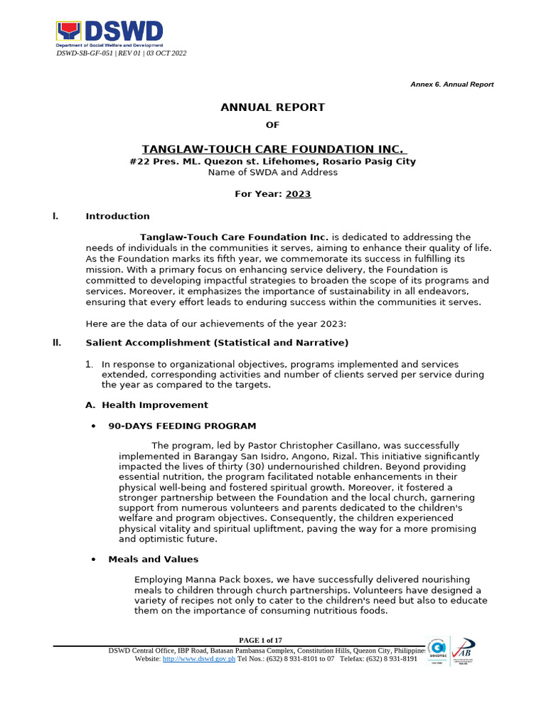 Updated Dswd Sb Gf 051 Rev 01 Annual Report 2023 1 | PDF | Metro Manila ...