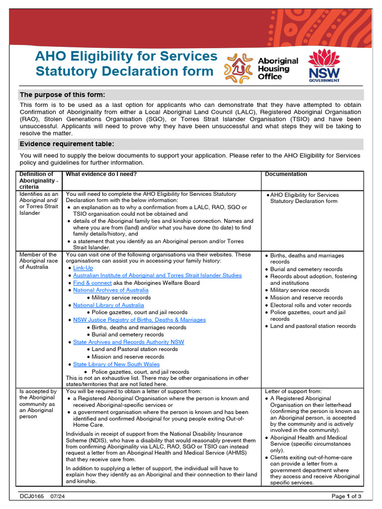 AHO Eligibility For Services Statutory Declaration Form DCJ0165 | PDF ...