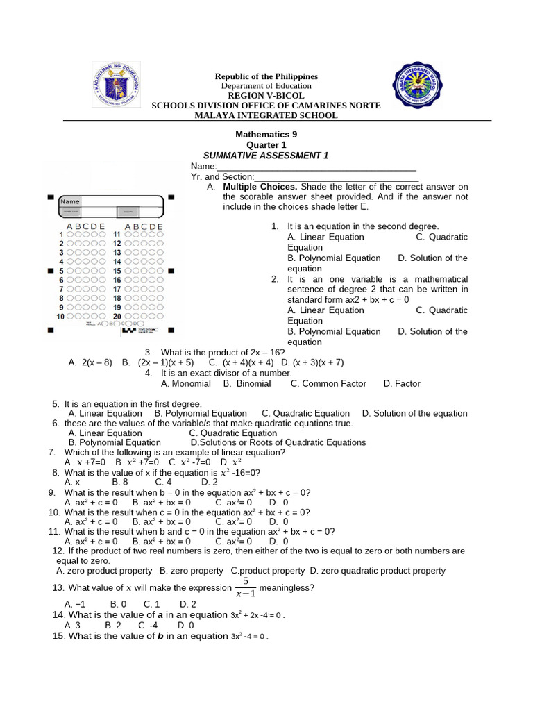 summative 1 | PDF | Equations | Quadratic Equation