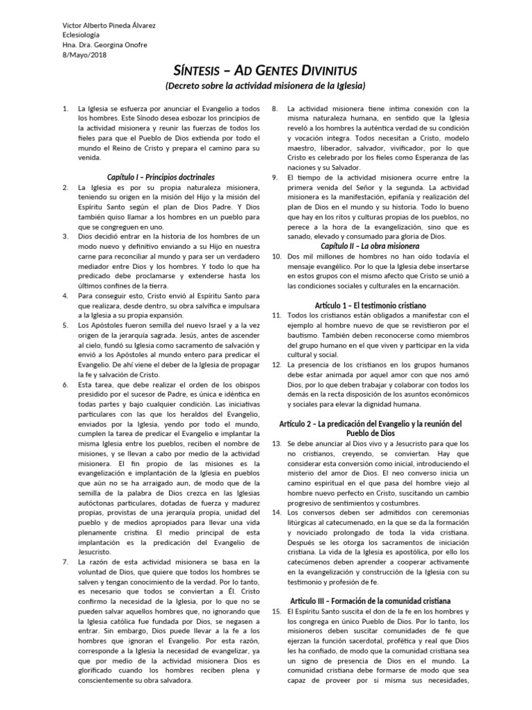 Síntesis - Ad Gentes Divinitus | PDF | Iglesia Católica | Misionero