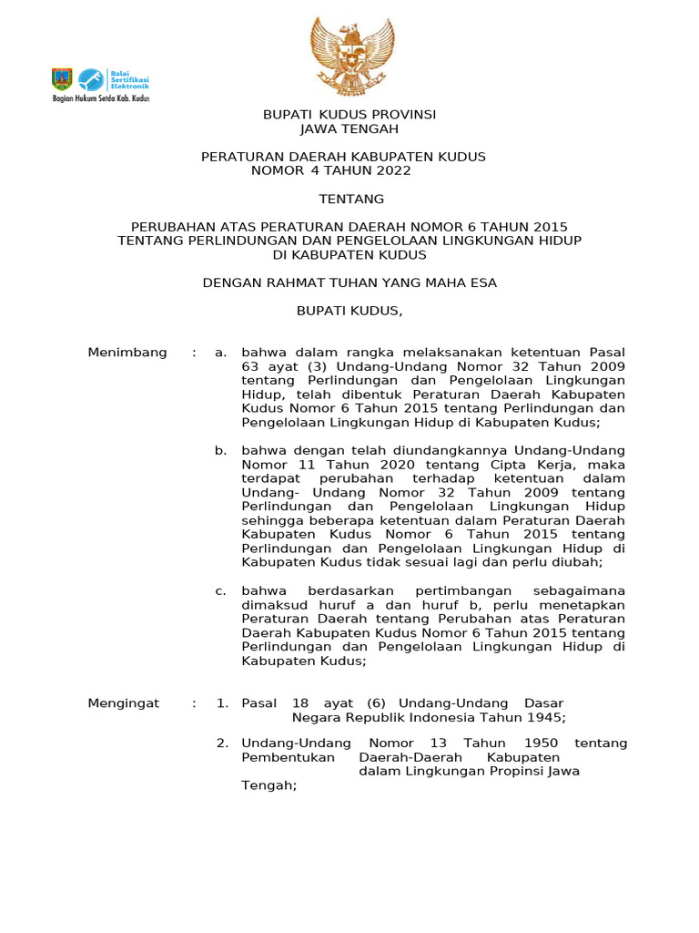 Perda Nomor 4 Tahun 2022 Tentang Perda Perubahan Perda 6 2015 PPLH Sign ...