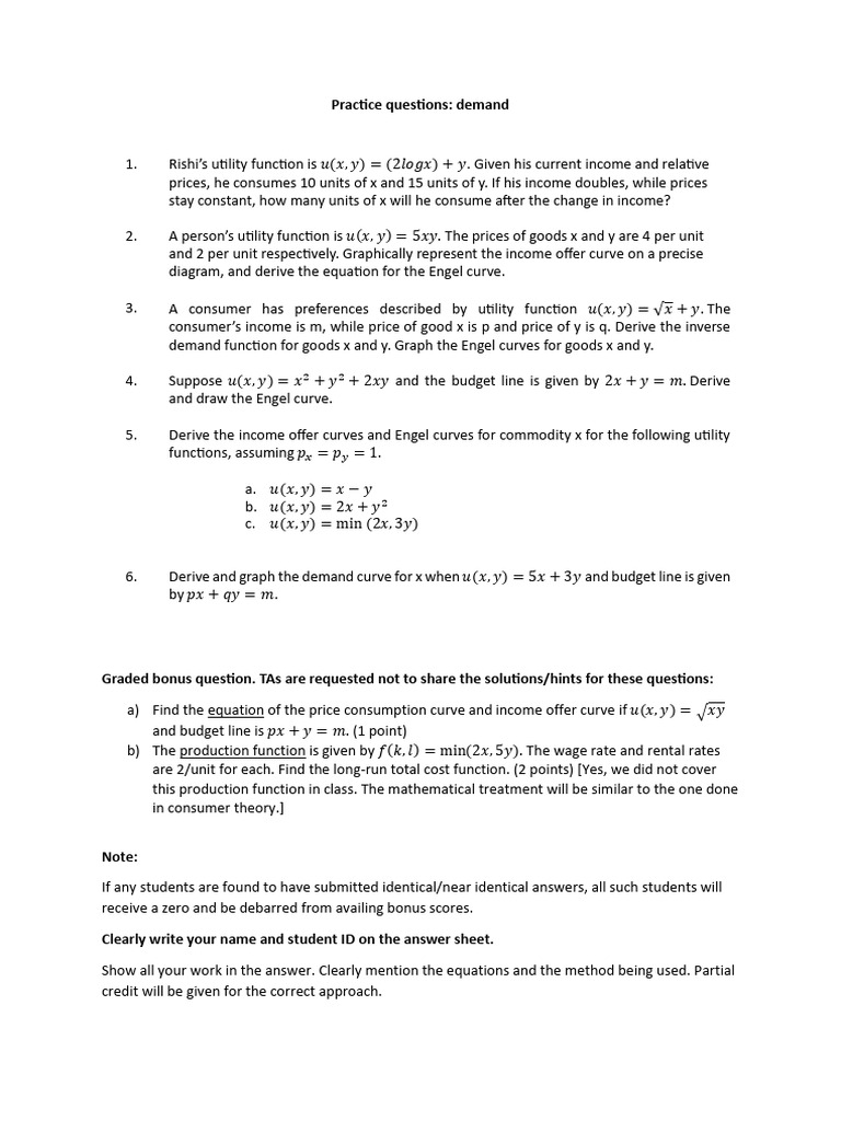 Demand Problem Set | PDF | Demand | Utility