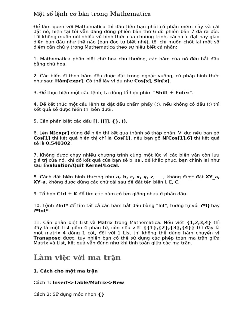 một số lệnh cơ bản trong mathematica | PDF