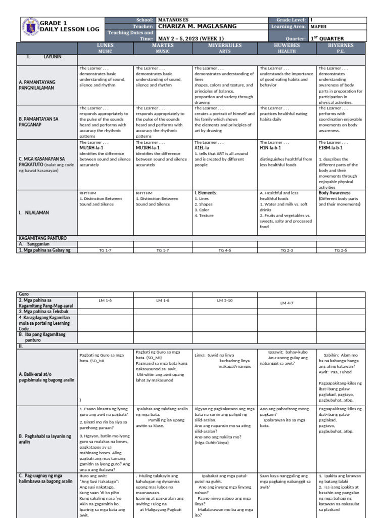 DLL_MAPEH 1_Q1_W1 | PDF