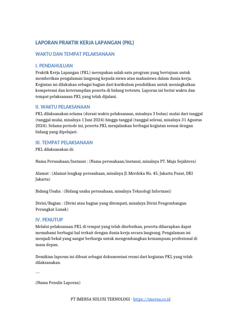 Contoh Laporan PKL Waktu Dan Tempat Pelaksanaan | PDF