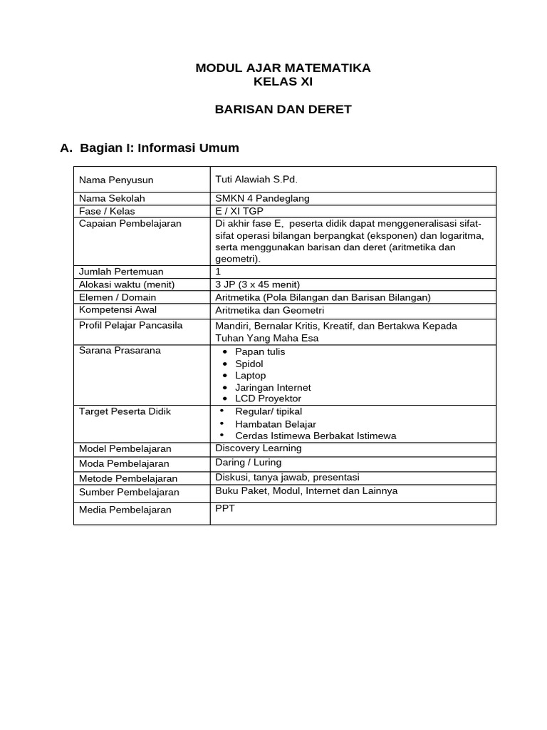 Modul Ajar Barisan Dan Deret | PDF