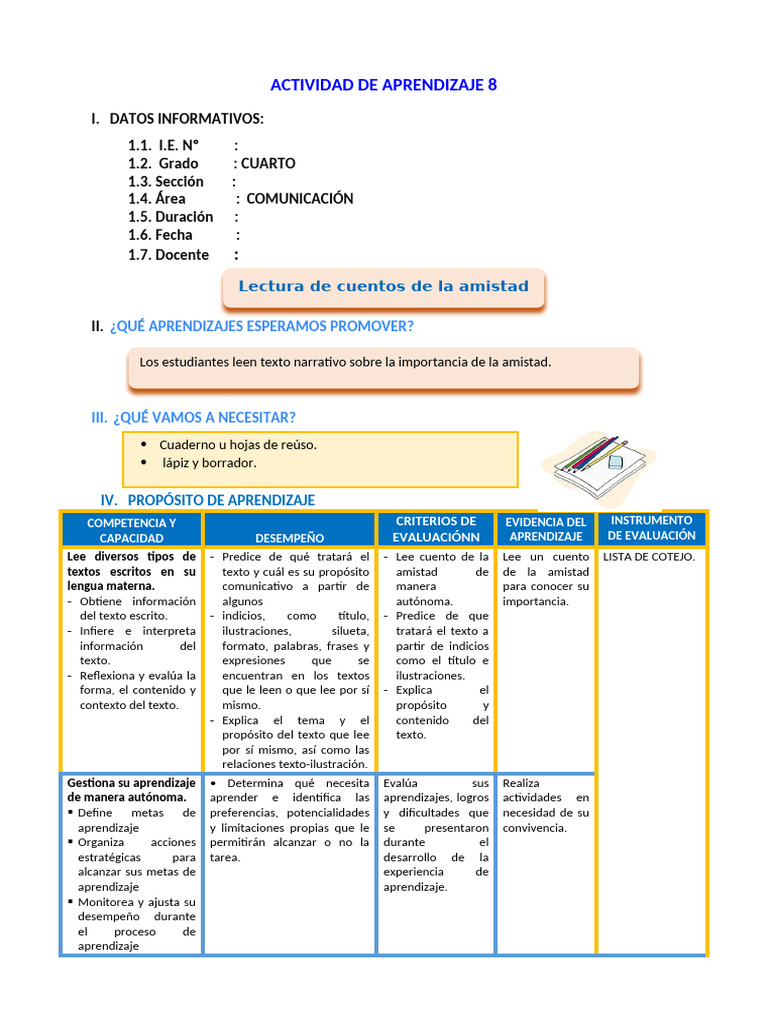 Actividad de Lectura: Cuento de Amistad | PDF | Aprendizaje | Evaluación