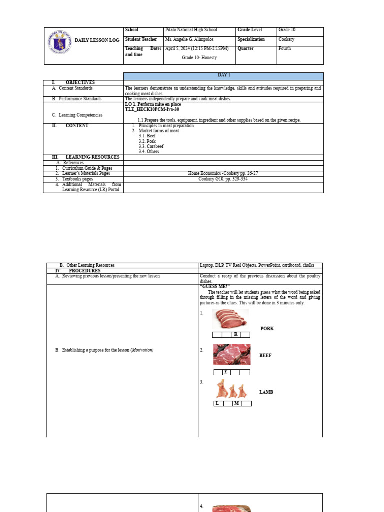 DAILY LESSON LOG-G10 WEEK 1 | PDF | Lamb And Mutton | Meat