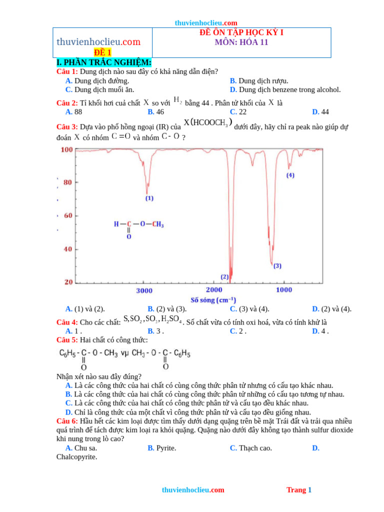 De On Tap HK1 Hoa 11 KNTT de 1 | PDF