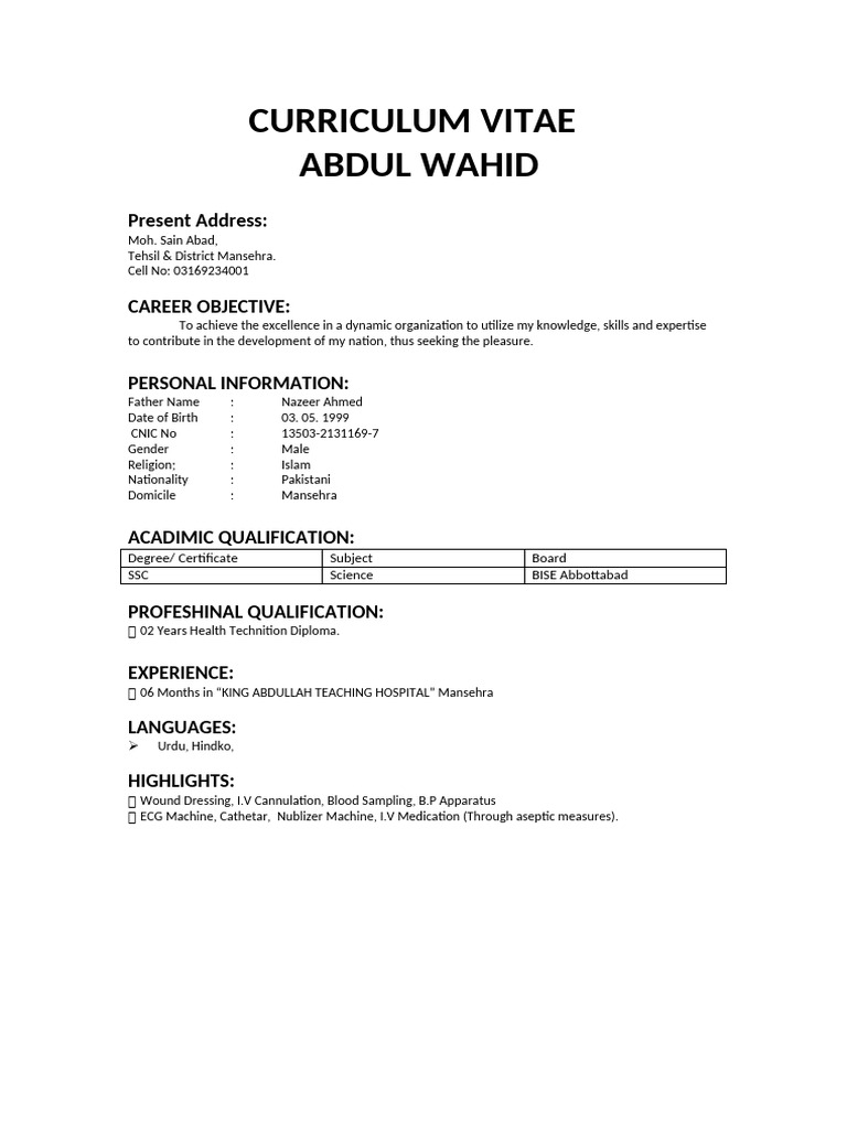 Abdul Wahid's Professional CV | PDF