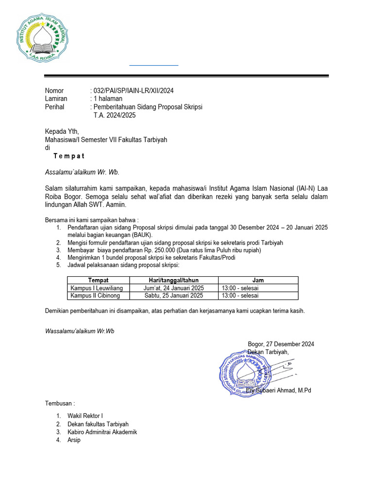 Surat Pemberitahuan Sidang Proposal 2025 | PDF