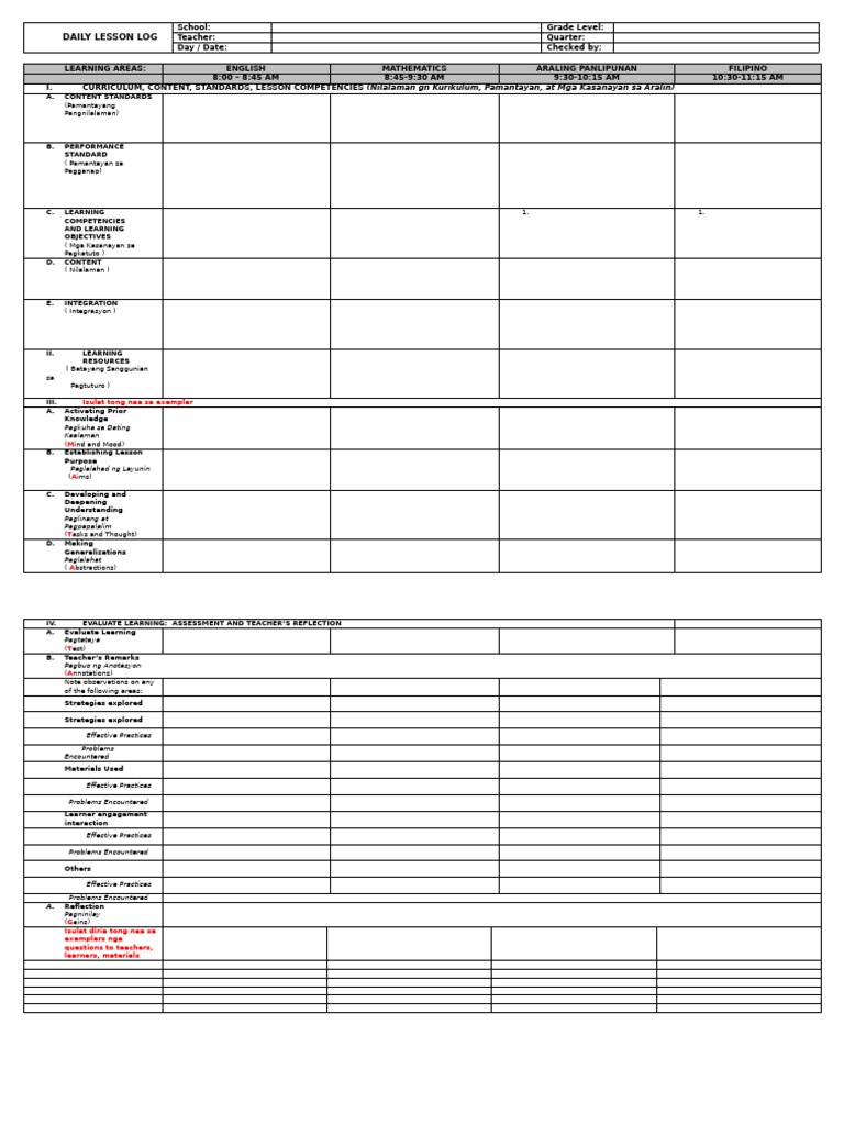 Daily Lesson Log Blank Matatag Format | PDF | Learning | Educational ...