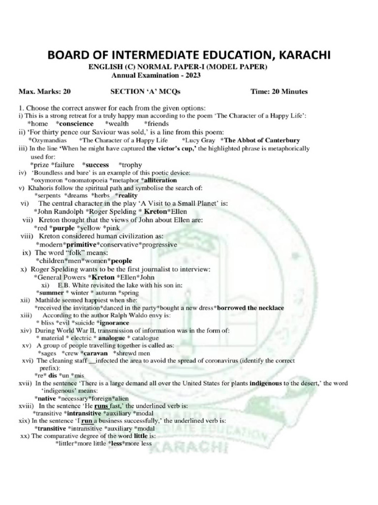 English BIEK-I Model Paper | PDF