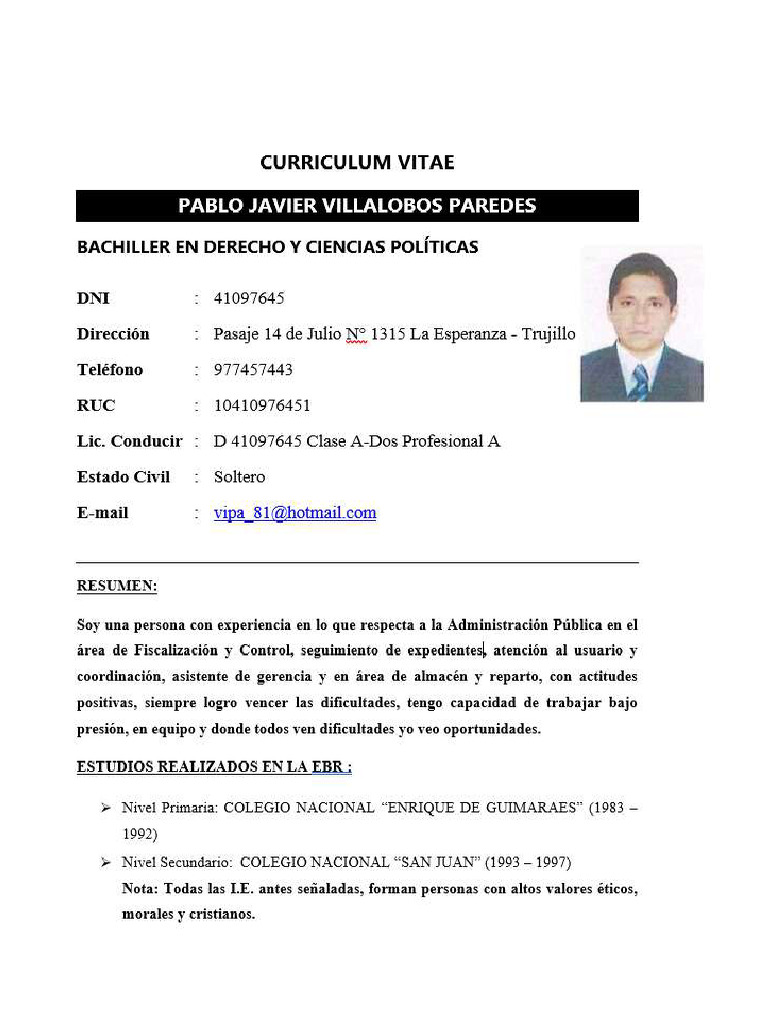 CURRICULUM VITAE-PABLO JAVIER VILLALOBOS PAREDES (1) - Compressed | PDF | Documento de identidad ...