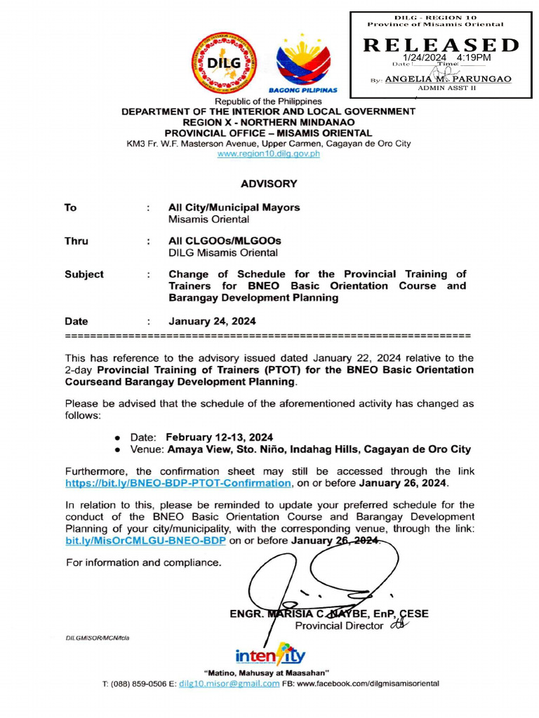 Change of Schedule for the Provincial Training of Trainers for Bneo ...