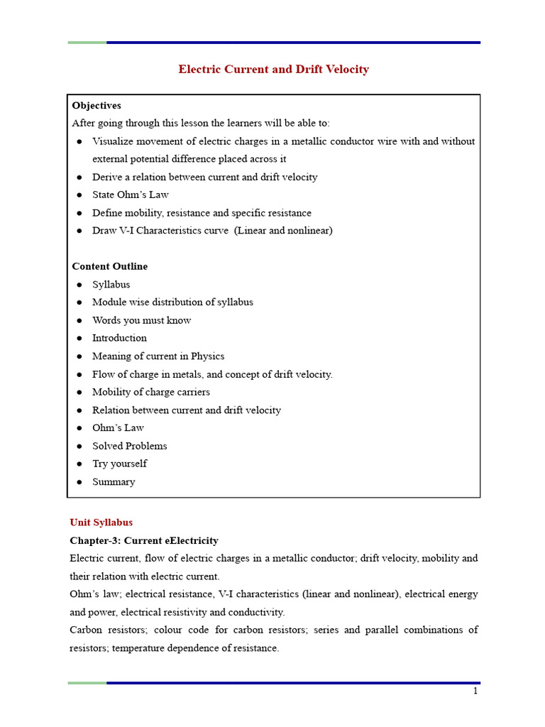 Drift Velocity and Electric Current Explained | PDF | Electric Current ...