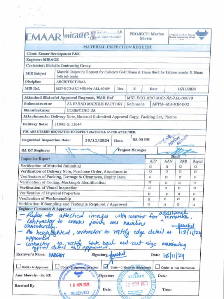 MST-BCG-ARC-MIR-NA-ALL-00169-Rev.00-Material Inspection Request For Calacatta Gold 20mm & 12mm ...