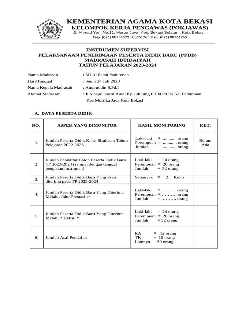 2.1 Instrumen Supervisi PPDB TP 2023-2024 | PDF