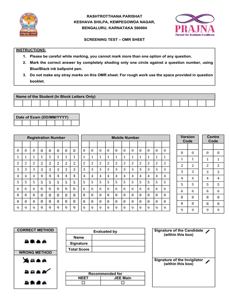 OMR Sheet for Screening Test | PDF | Tests | Student Assessment And ...