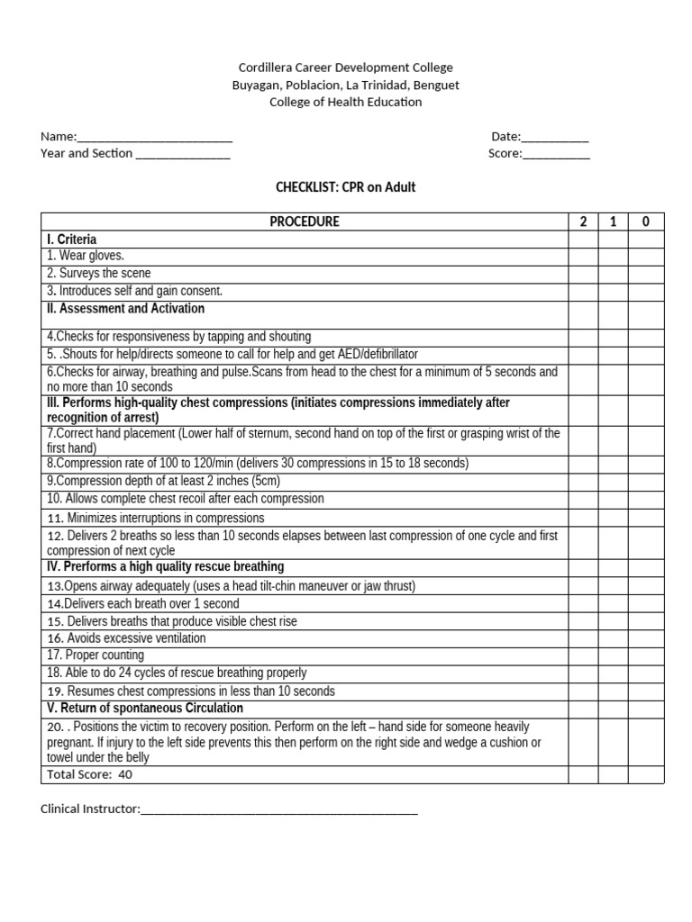 Checklist: CPR On Adult Procedure 2 1 0 I.: Criteria | PDF