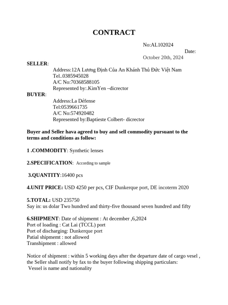 Synthetic Lenses Sales Contract | PDF | Business | Supply Chain Management