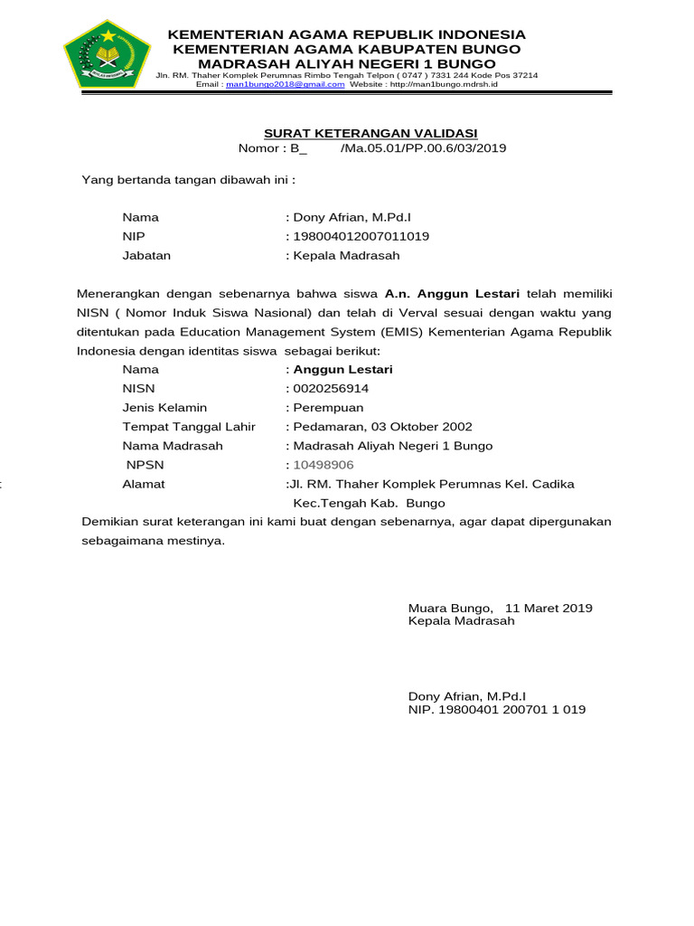 SURAT KETERANGANverval NISN | PDF