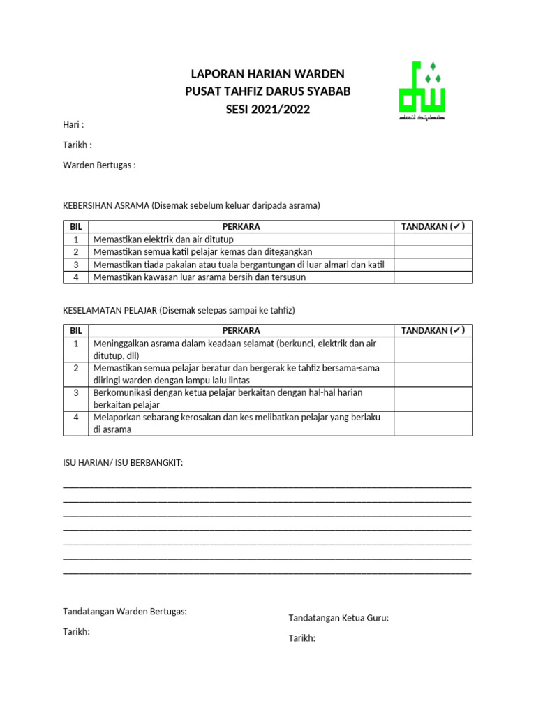 Template Buku Log Harian Warden | PDF