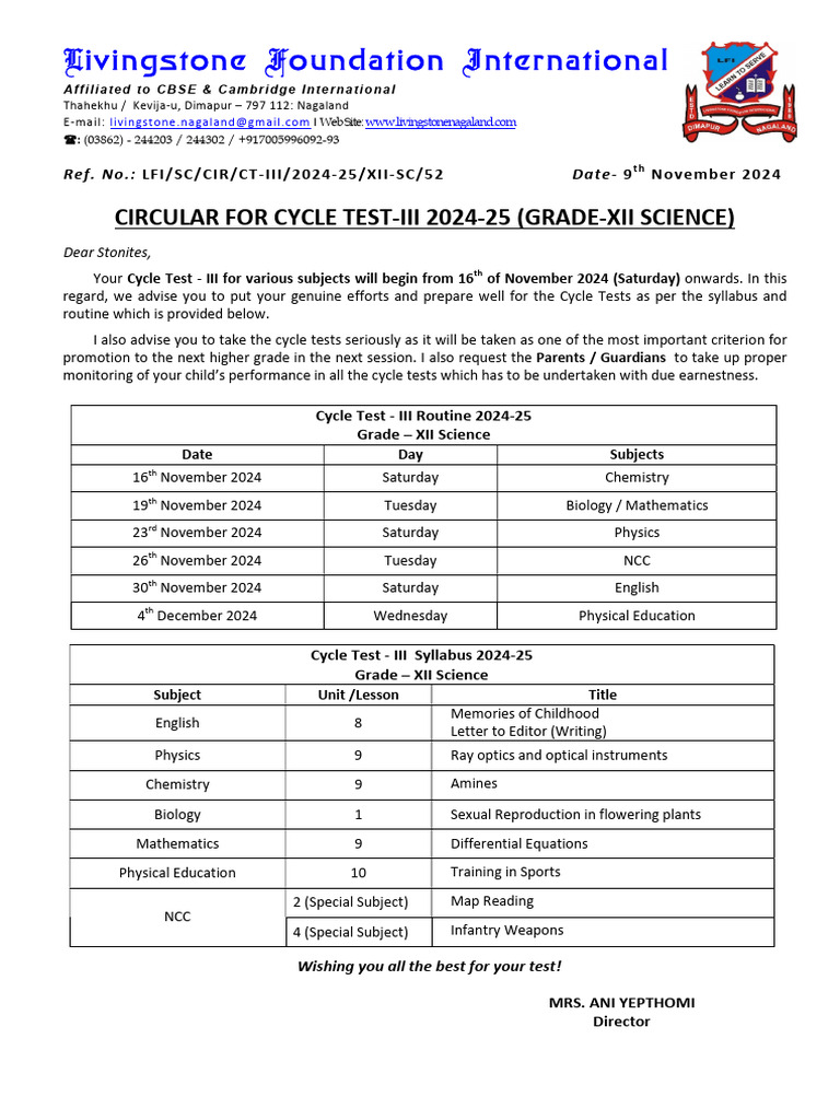 Grade-XII Science Circular Regarding Cycle Test-III 2024-25 | PDF