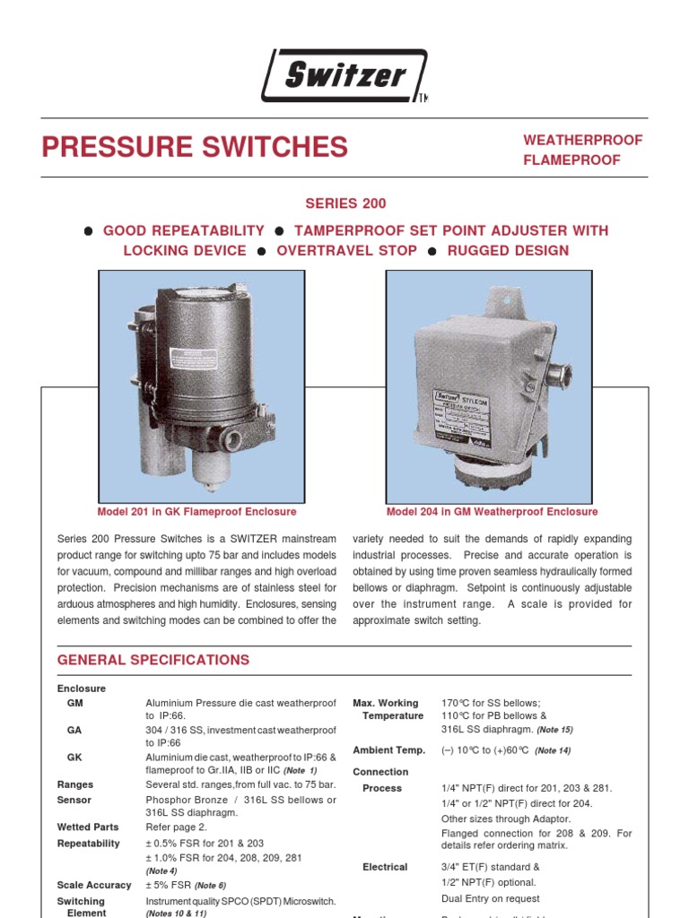 Pressure Switch Series 200 | PDF | Switch | Pressure Measurement