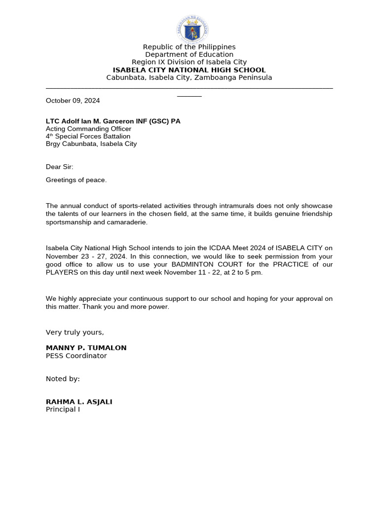 Letter To Battalion Intramurals 2024 | PDF