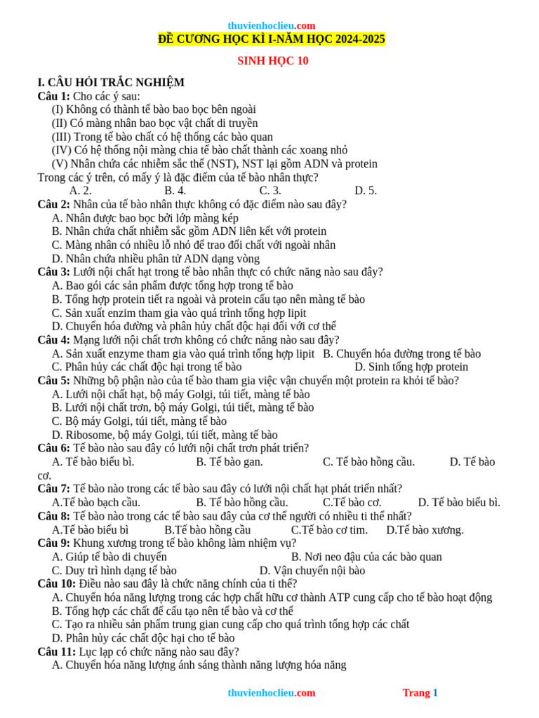 De Cuong On Tap Cuoi HK1 Sinh 10 | PDF