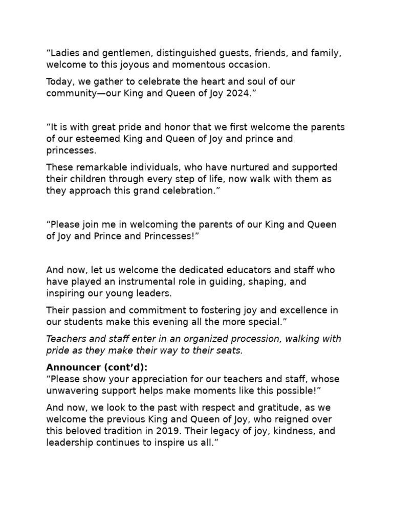 Emcee Script King and Queen of Joy | PDF