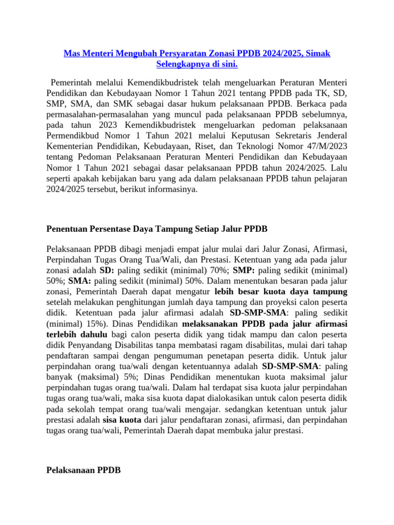Mas Menteri Mengubah Persyaratan Zonasi PPDB 2024 | PDF