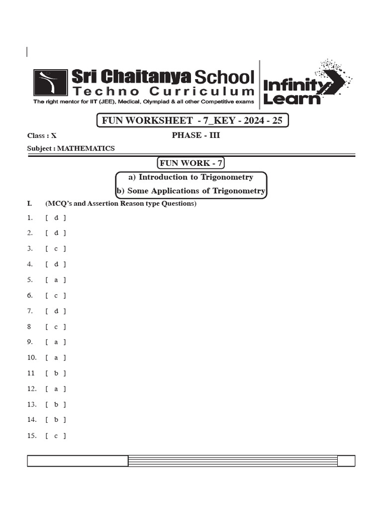 Cbse Math PH - III Funwork Work Sheet - 7 Key | PDF | Euclid | Euclidean Plane Geometry