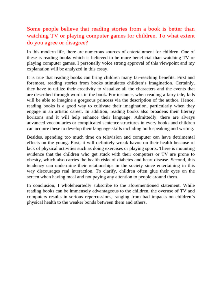 Writing Essay (Reading Books Is Better Than Watching TV and Playing ...