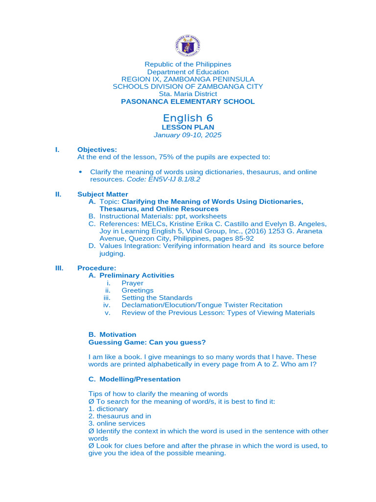 ENG 6 LP Q3 W1 | PDF | Dictionary | Linguistics