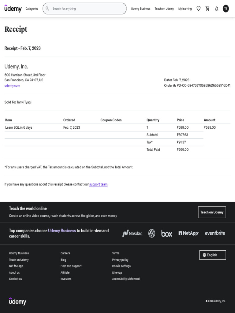 Udemy Course Purchase Receipt | PDF