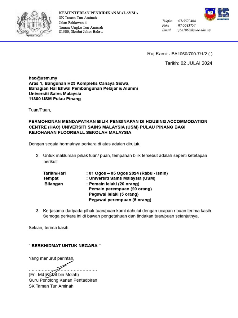 Surat Permohonan Penginapan | PDF