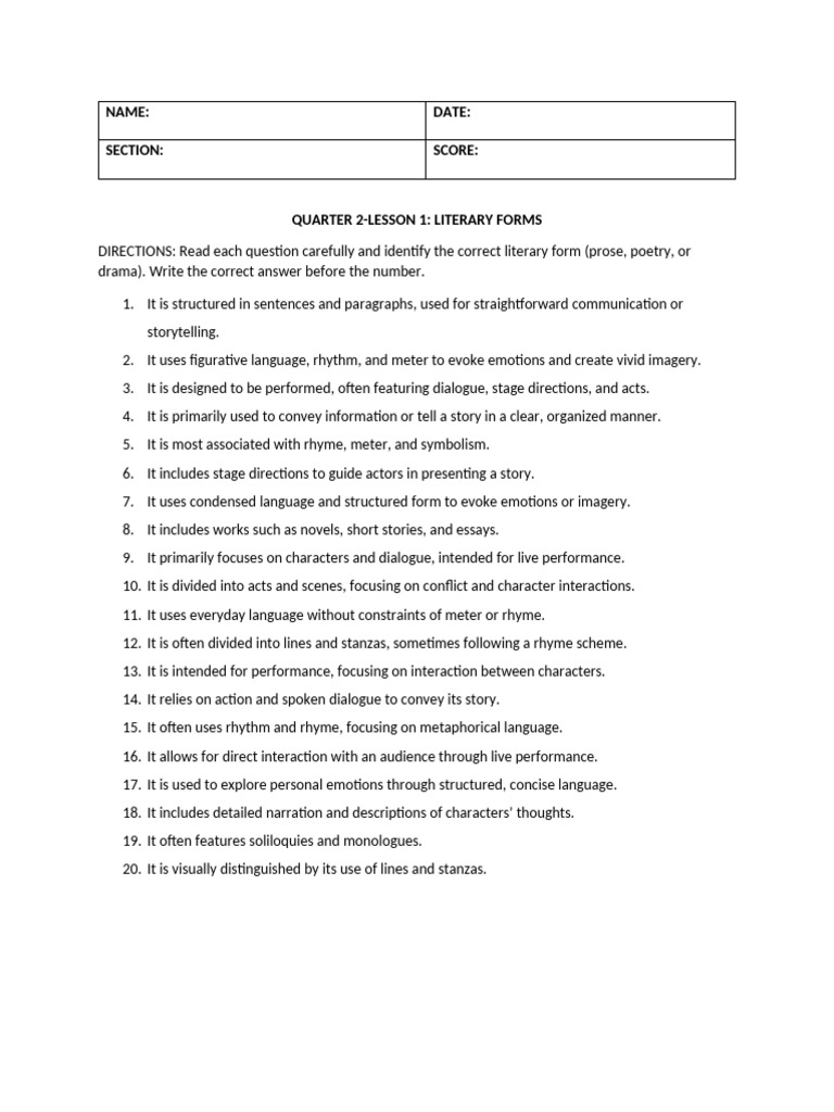 q2l1-quiz-literary forms | PDF