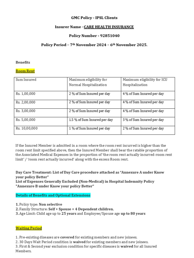 GMC Policy for IPSL Clients - Care Health | PDF | Insurance ...