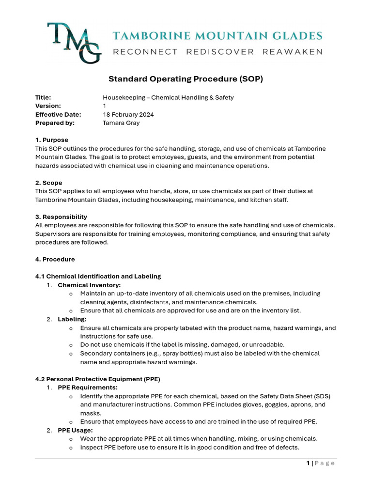 SOP Housekeeping - Chemical Handling & Safety | PDF | Personal ...