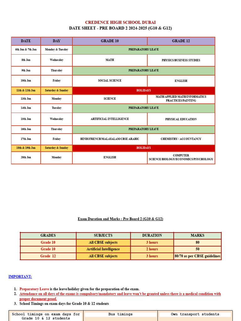 DATE SHEET- PRE-BOARD 2 - 2024-25(G10 & G12) | PDF
