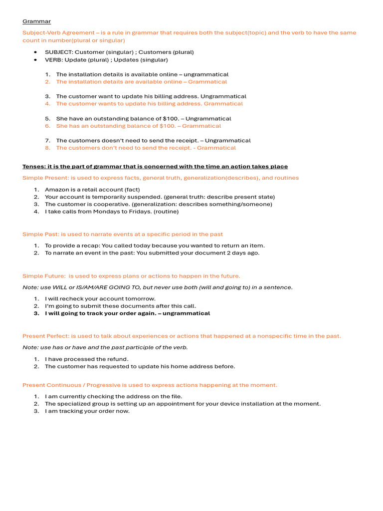 Grammar For Customer Interactions | PDF | Verb | Grammatical Number