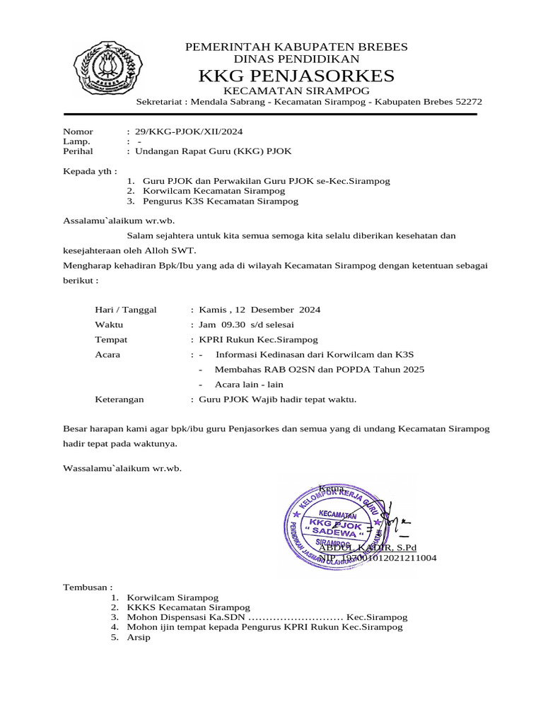 Undangan KKG PJOK Kec.Sirampog-1 | PDF