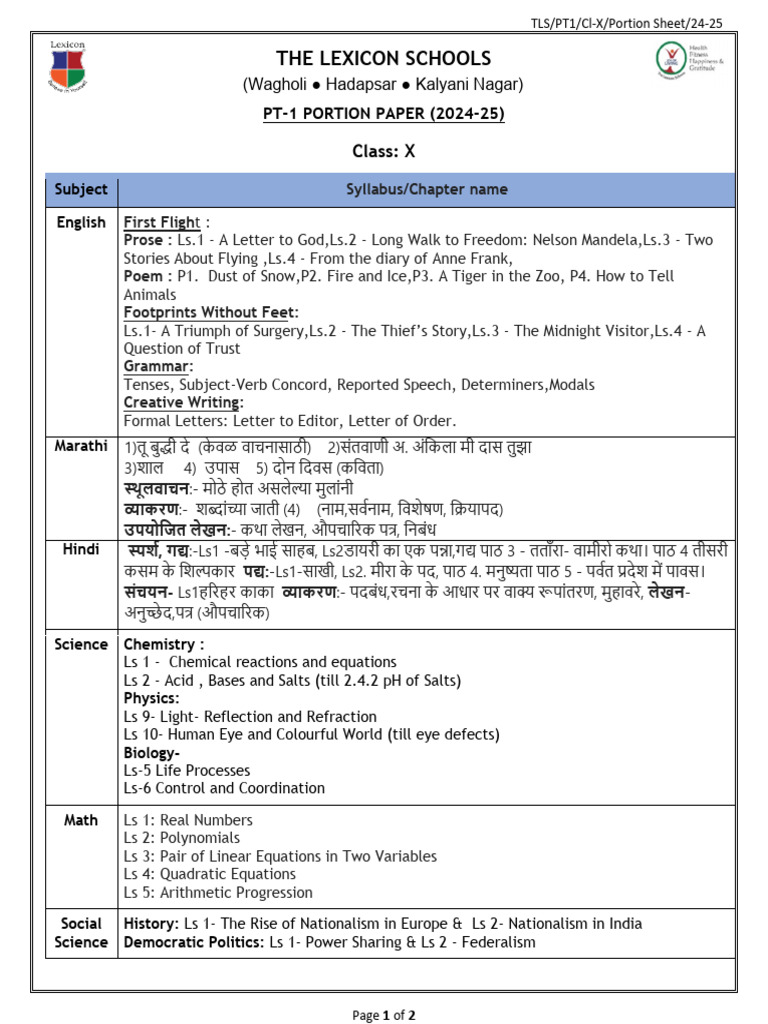 02 - TLS - X PT 1-Portion Paper - 2024-25 | PDF | Equations | Acid