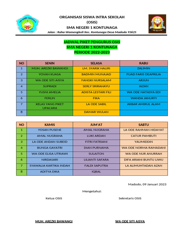 Jadwal Piket Pengurus Osis | PDF