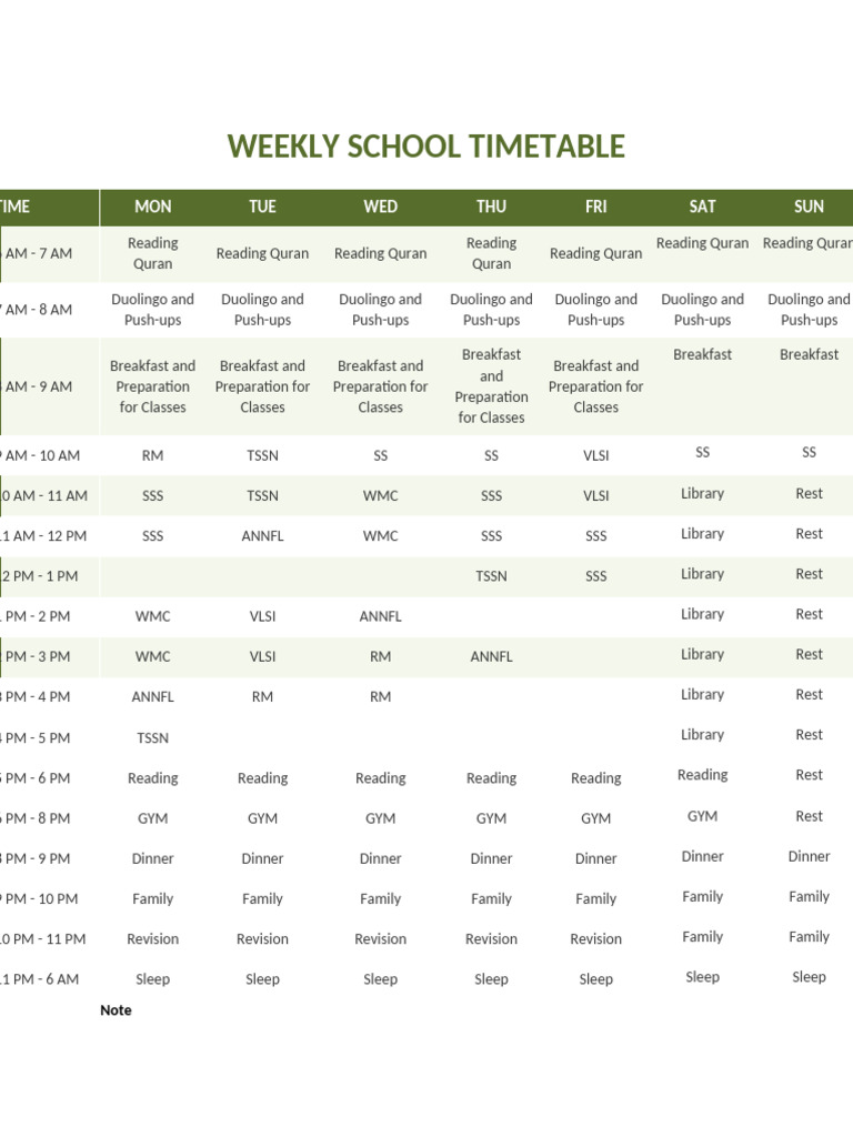 Free Weekly School Timetable Template | PDF
