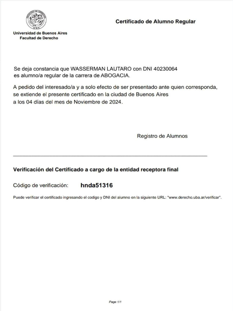 Certificado Alumno Regular - UBA | PDF
