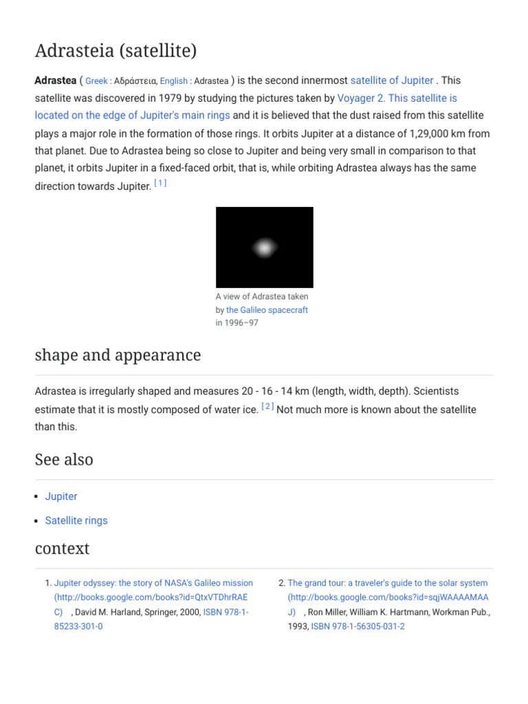 Adrastea: Jupiter's Inner Satellite | PDF
